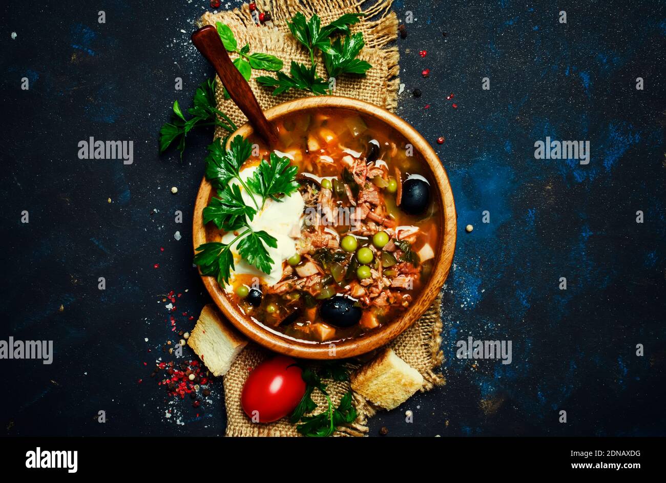 Russian Meat Solyanka Soup In Wooden Bowl, Top View Stock Photo - Alamy