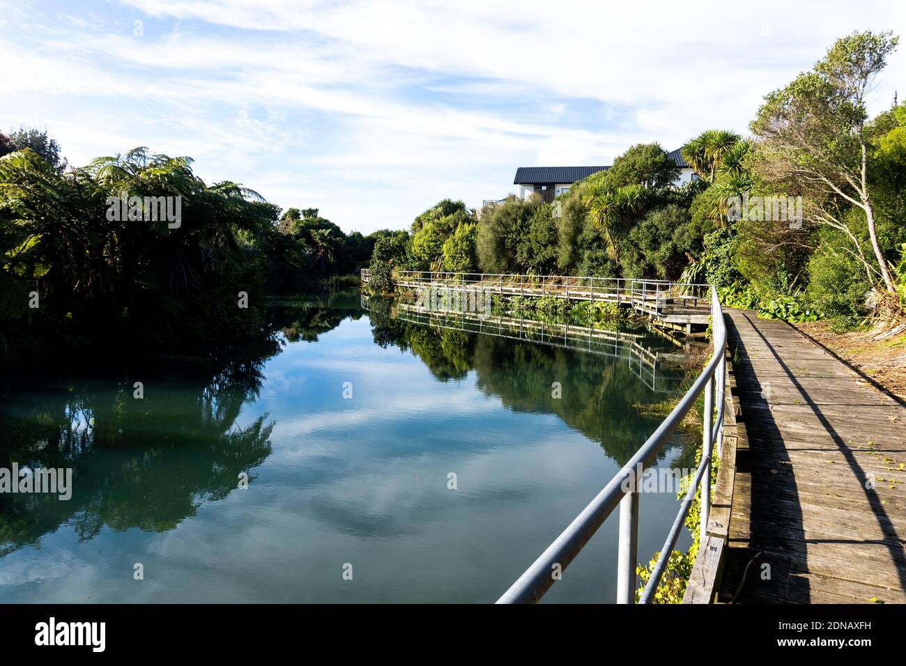 Walkway along a river The Links waterway, Bell Block, Taranaki, New ...