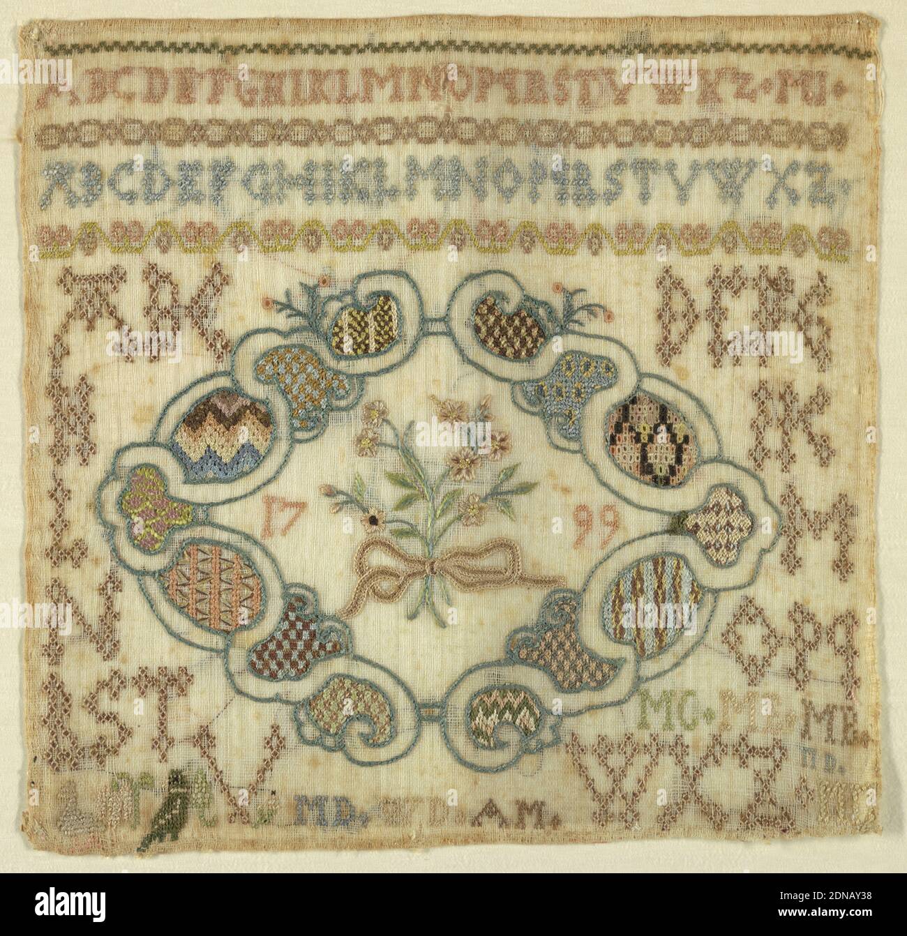 Sampler, Medium: silk embroidery on linen foundation Technique ...