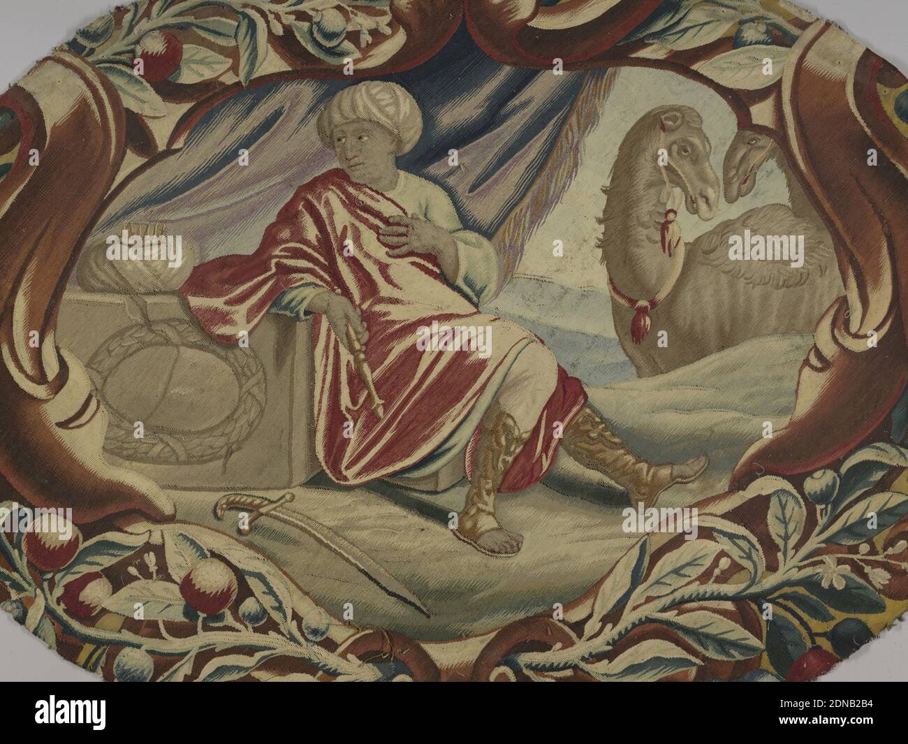 Textile, Medium: wool Technique: tapestry weave, Oval fragment ...