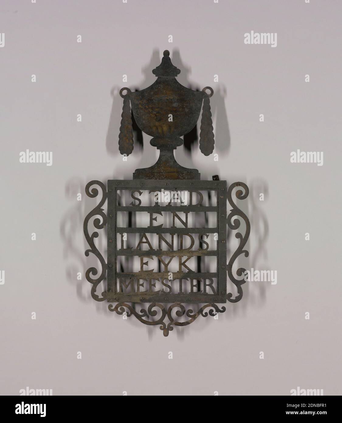 Sign, Painted metal, A metal sign. At center, a square with openwork ...