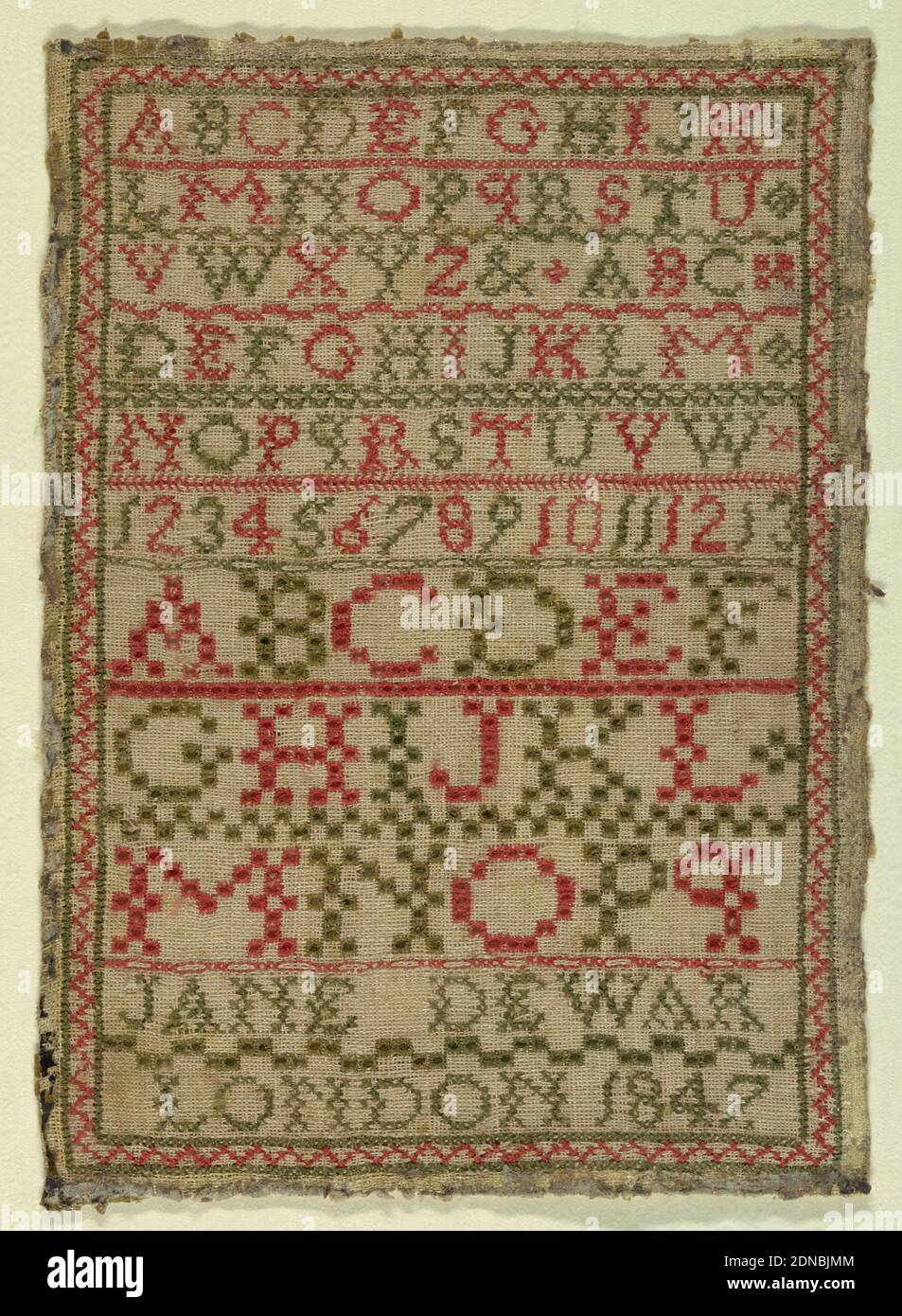 Sampler, Jane Dewar, English, Medium: wool embroidery on linen ...