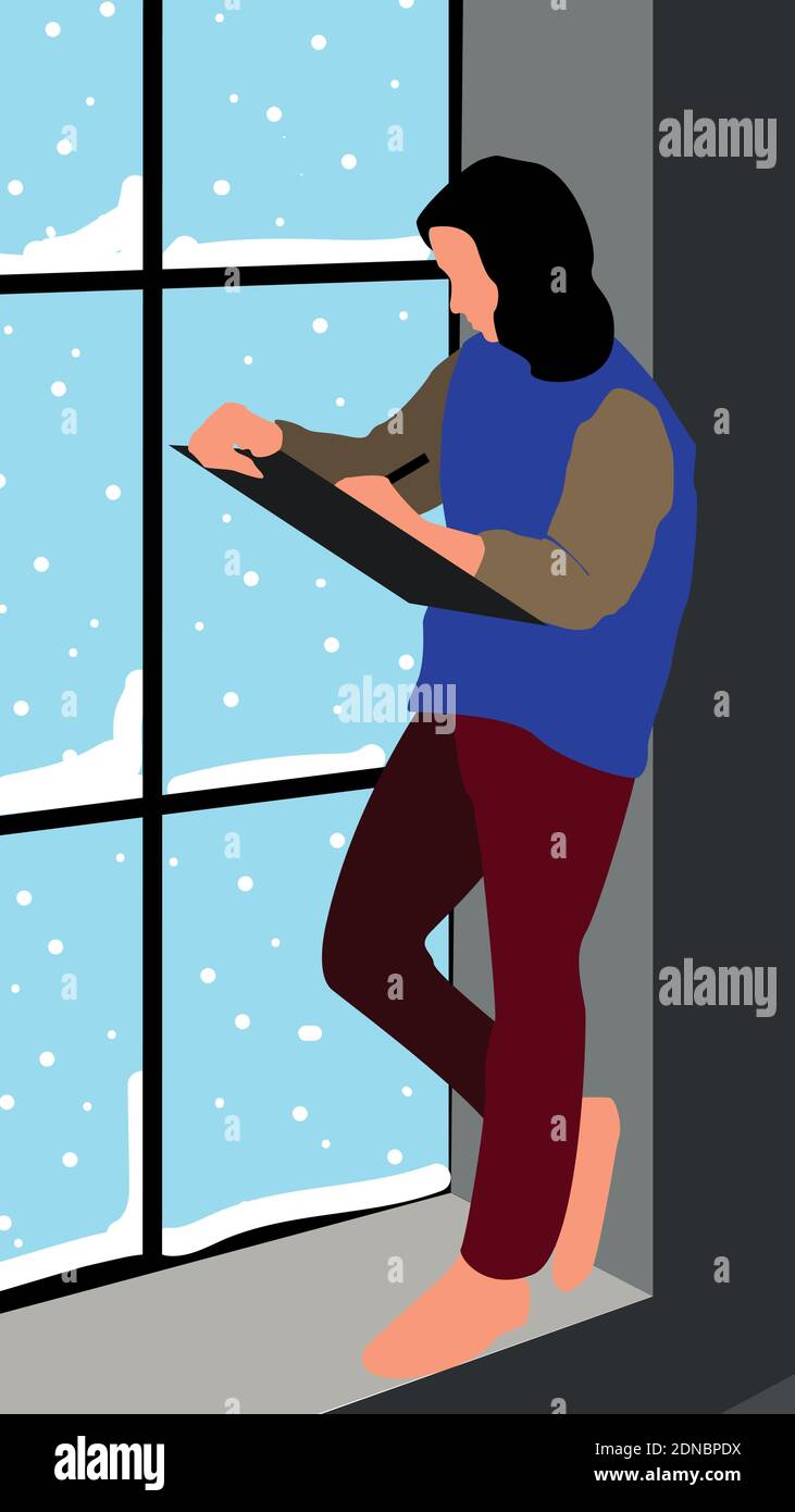 Stay home at winter. Dreaming person standing in front of window and ...