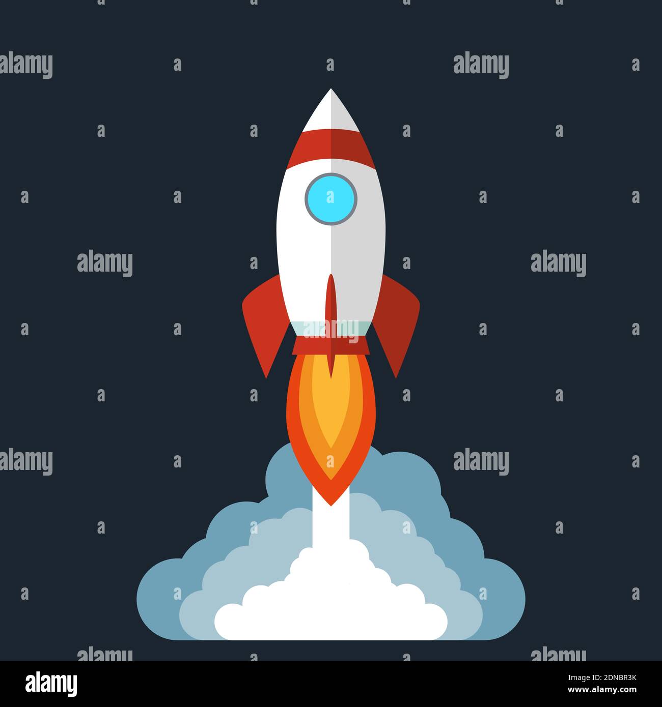 Rocket launches in space and emits smoke isolated on black background ...