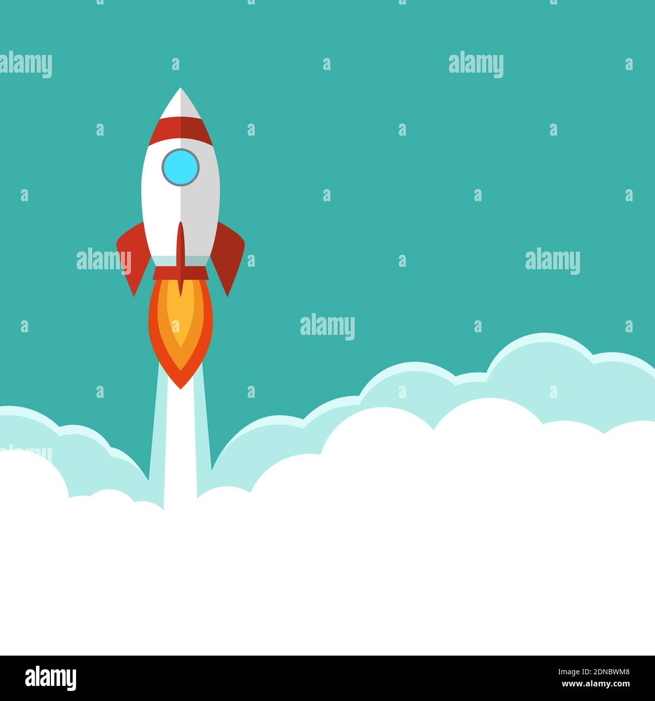 Rocket launches in space flying over white fluffy clouds and turquoise ...