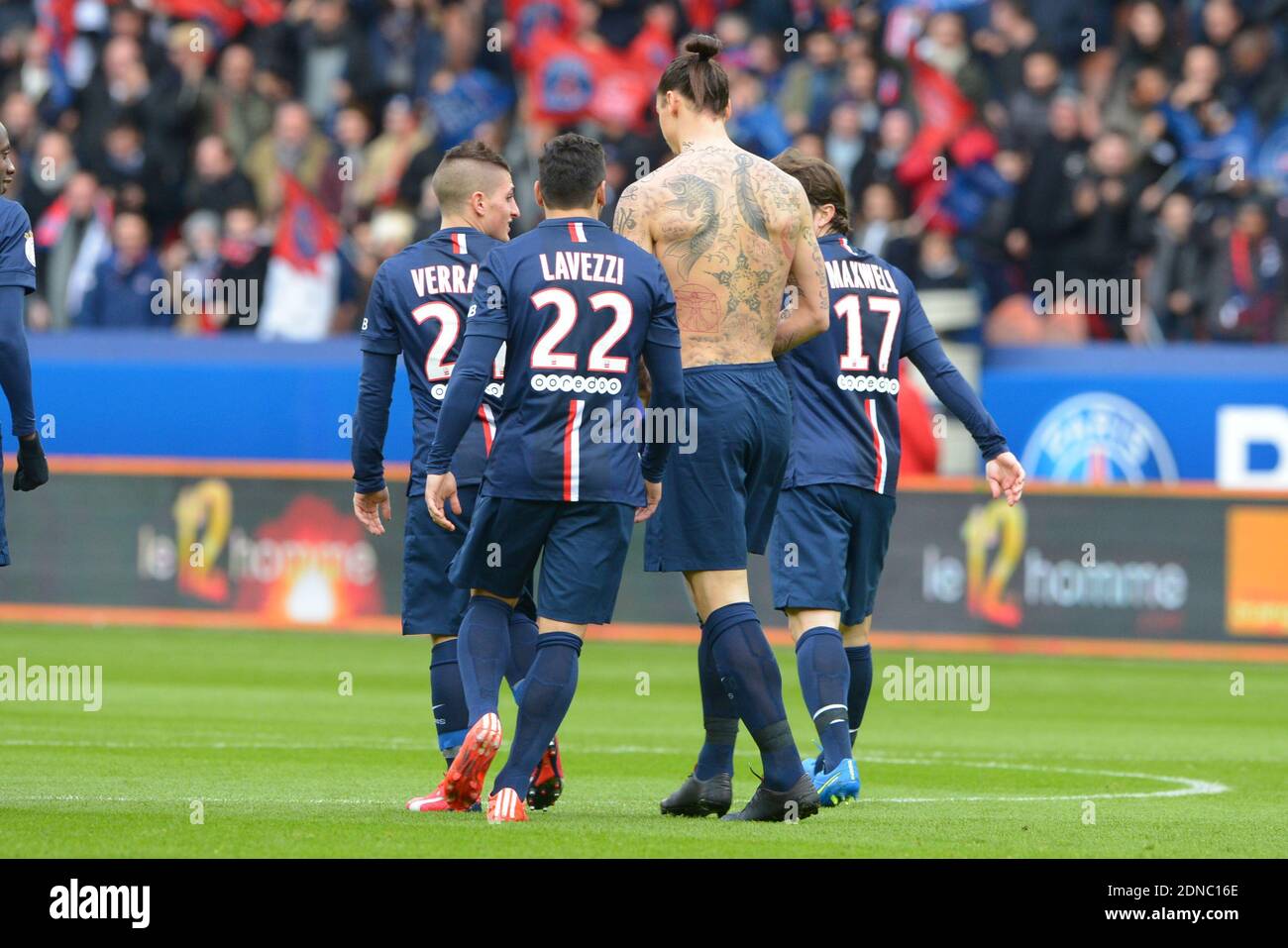 PSG's Zlatan Ibrahimovic showing his new tattoos after scoring the 1-0 ...