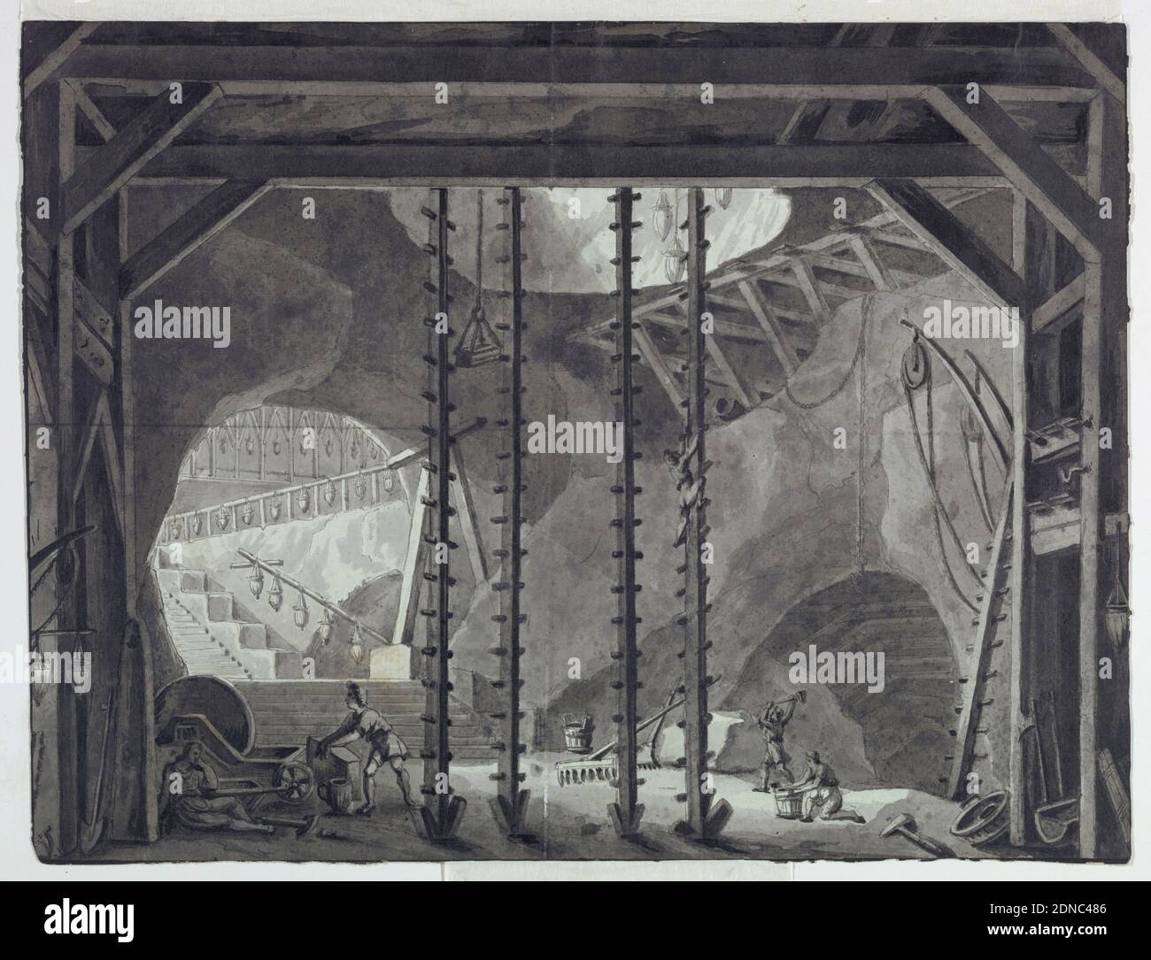 Stage Design, Men Constructing Building in Cave, Antonio Giuseppe ...
