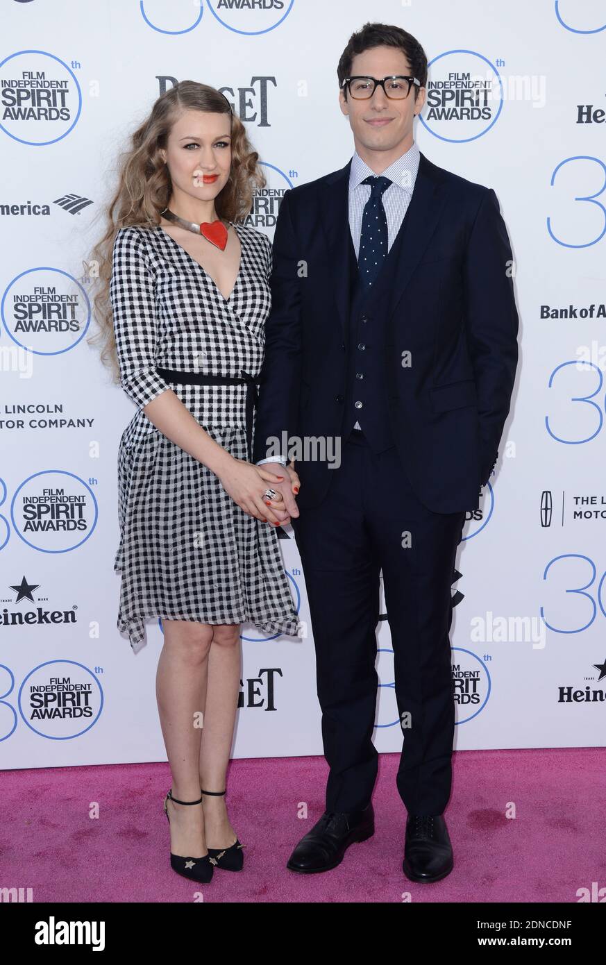 Andy Samberg and Joanna Newsom arriving for the 2015 Film Independent ...