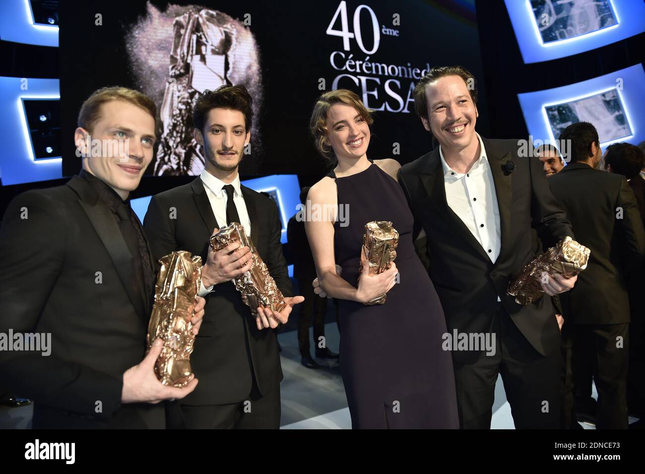Kevin Azais, Pierre Niney, Adele Haenel, Read Kateb posing backstage ...