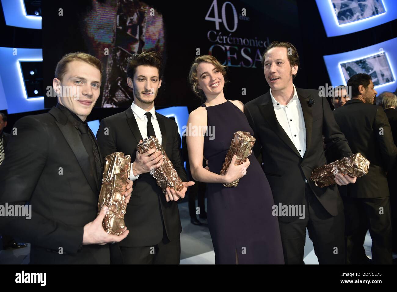Kevin Azais, Pierre Niney, Adele Haenel, Read Kateb posing backstage ...