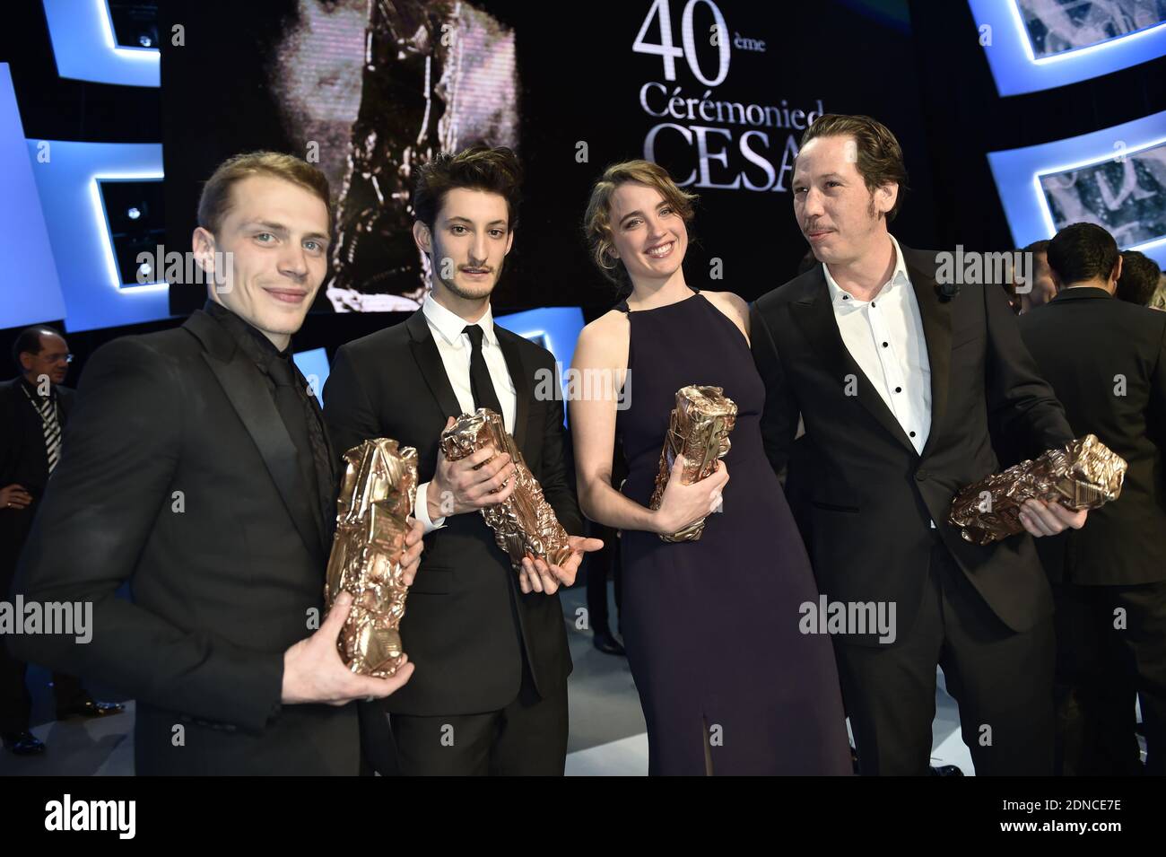 Kevin Azais, Pierre Niney, Adele Haenel, Read Kateb posing backstage ...