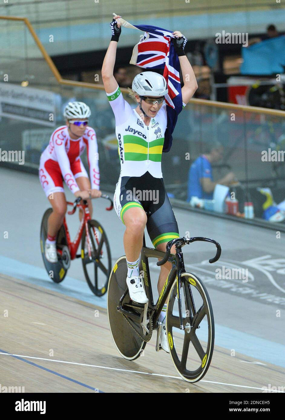 Australia's Annette Edmondson celebrates with an Australian flag after ...