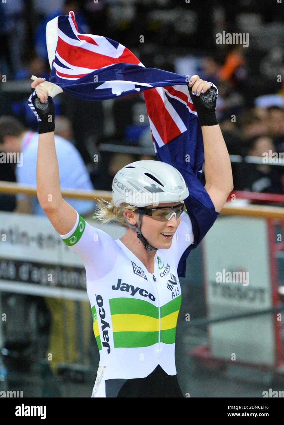 Australia's Annette Edmondson celebrates with an Australian flag after ...