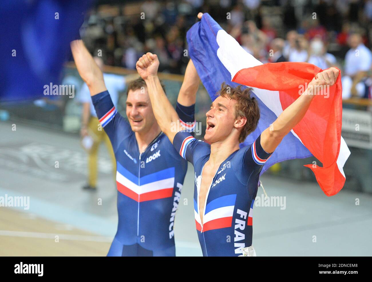 France's Bryan Coquard and Morgan Kneisky compete in the Men's Madison ...