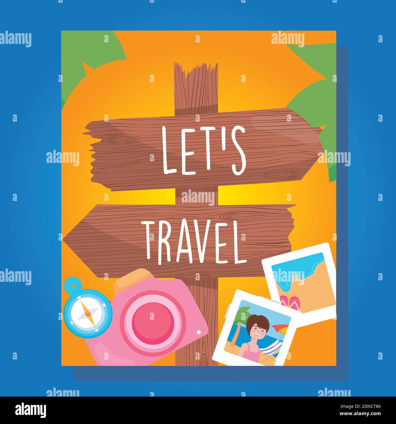 lets travel road sign with camera and pictures design, trip tourism and ...