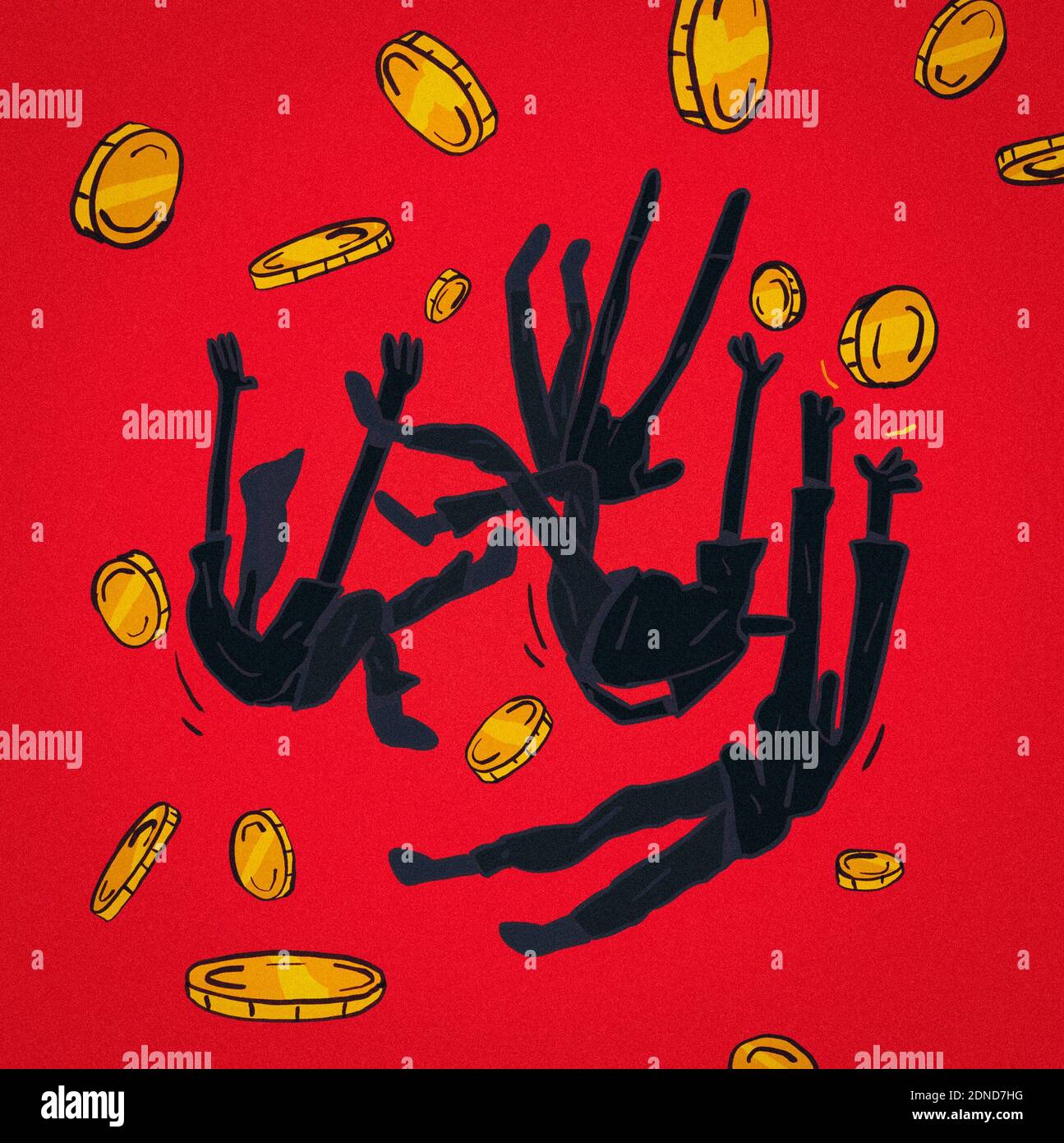 People fall with red background lot of money drop. Concept of crisis ...