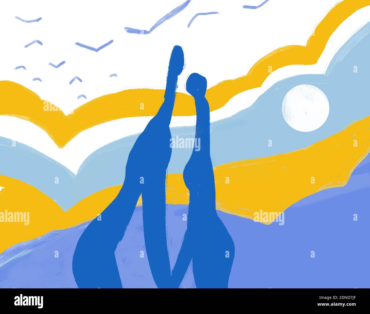 Couple in love in Abstract and minimalist landscape with birds. Emotion ...