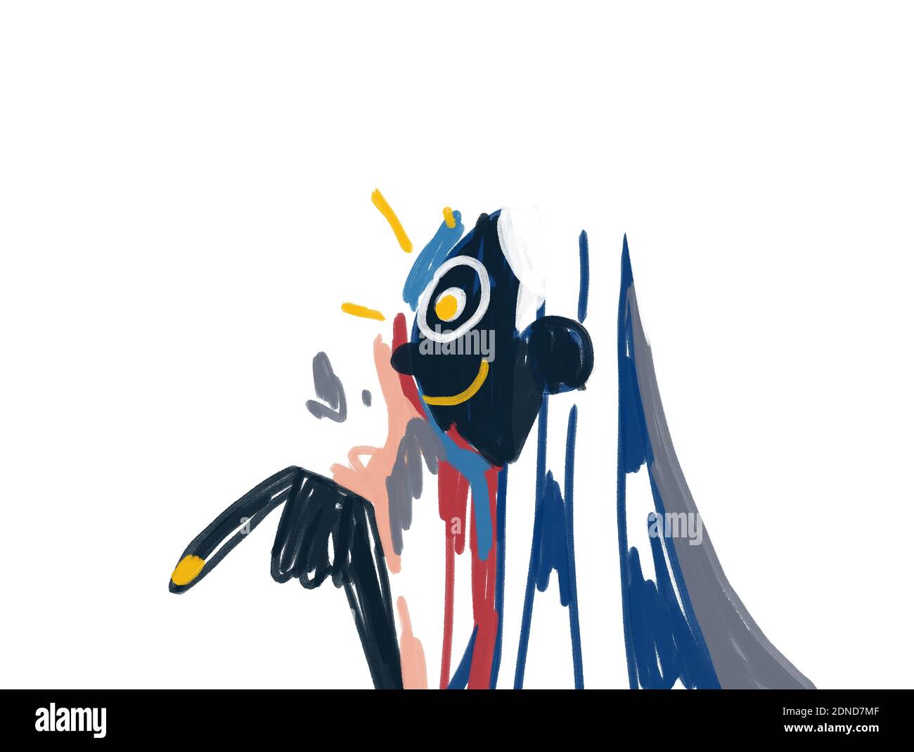 Creepy Young Girl portrait point finger. Abstract rough painting with ...