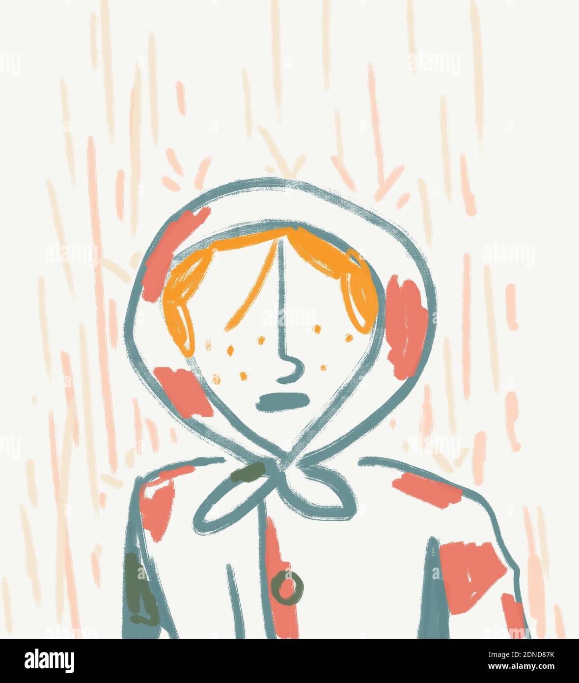Kids In Autumn Rain with rain hood. Semi abstract Illustration ...
