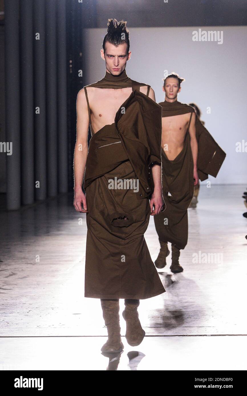 A model displays a creation by designer Rick Owens for his Fall-Winter ...