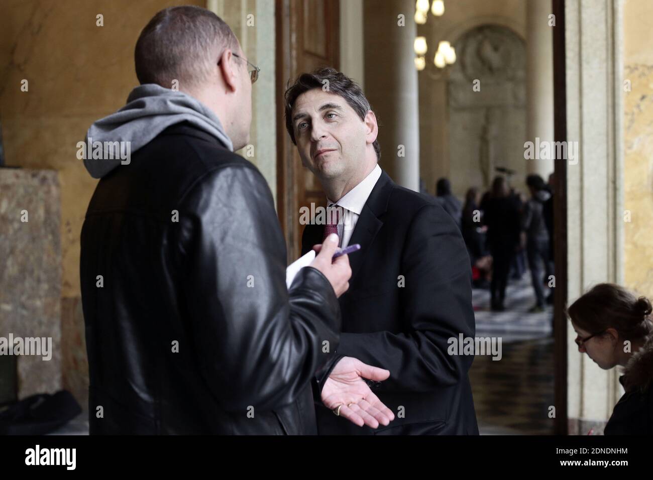 Socialist MP Daniel Goldberg answers to a journalist at Quatre Colonnes ...