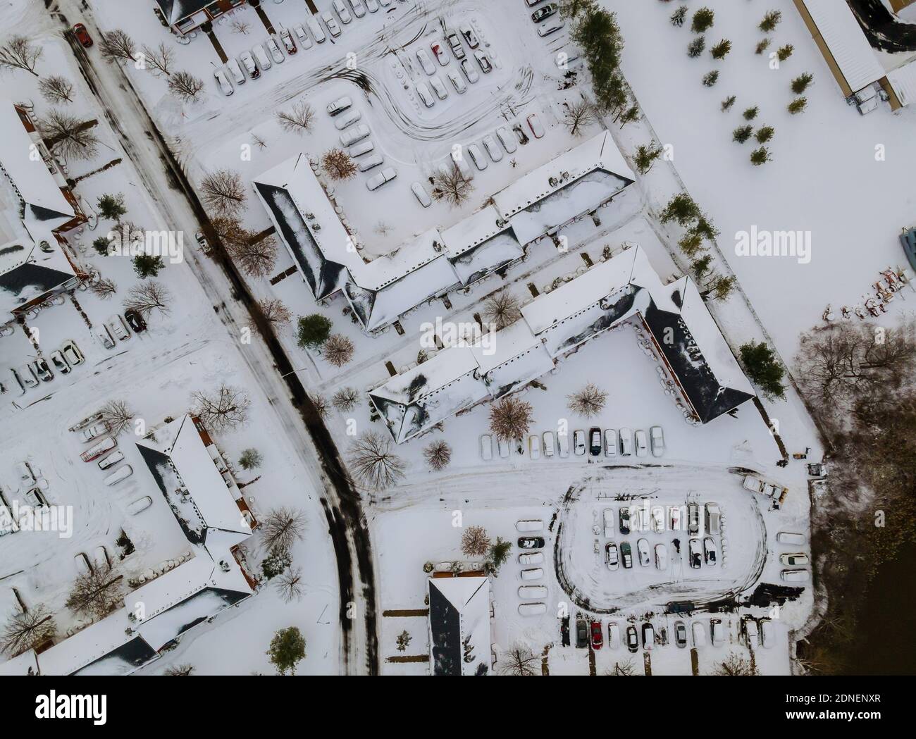 The winter view of small apartment complex courtyards roof houses on ...