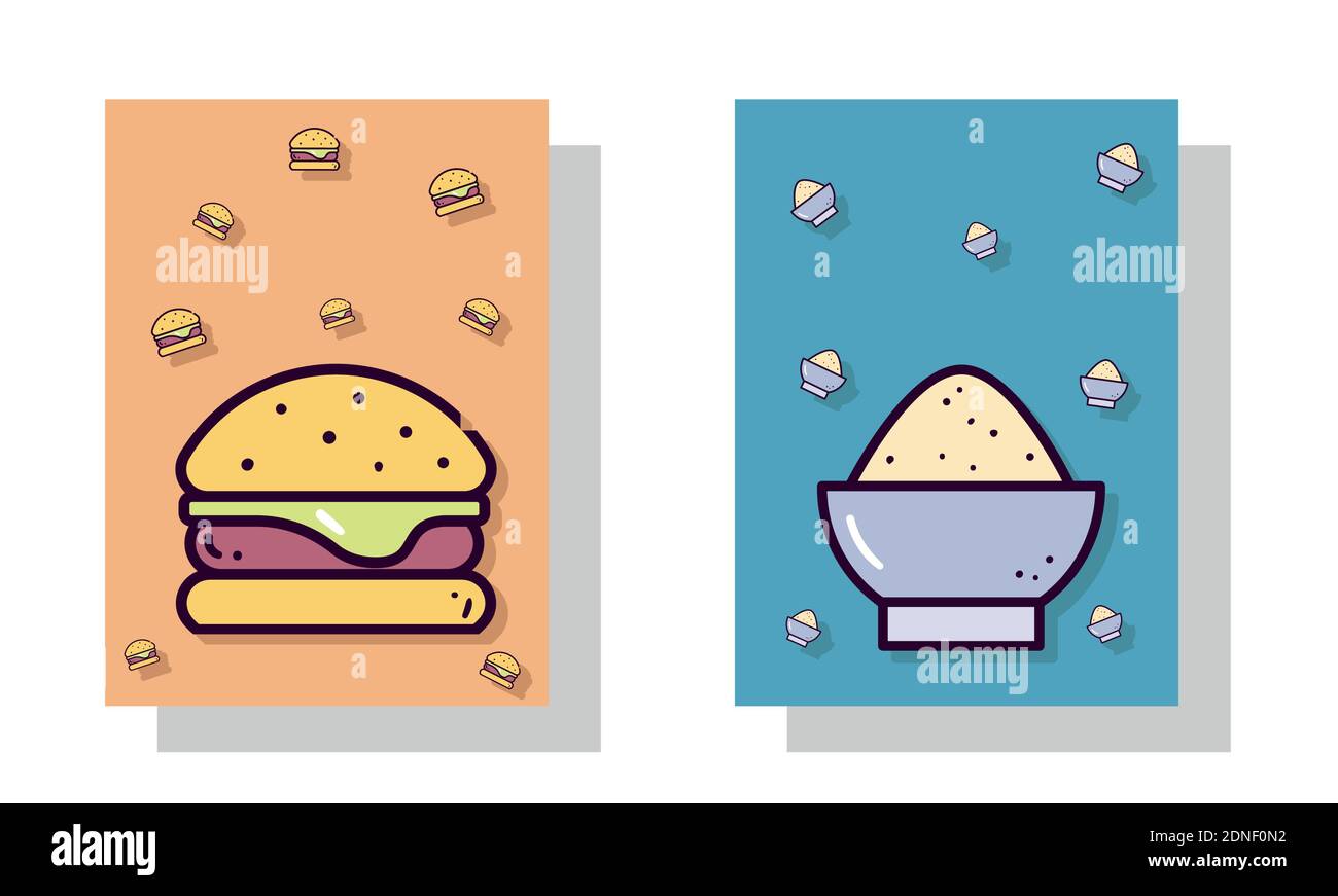 hamburger and rice bowl labels design of food eat restaurant and menu ...