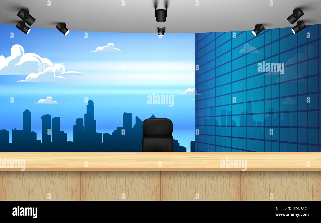 wooden table in the news studio with city background in the day time ...