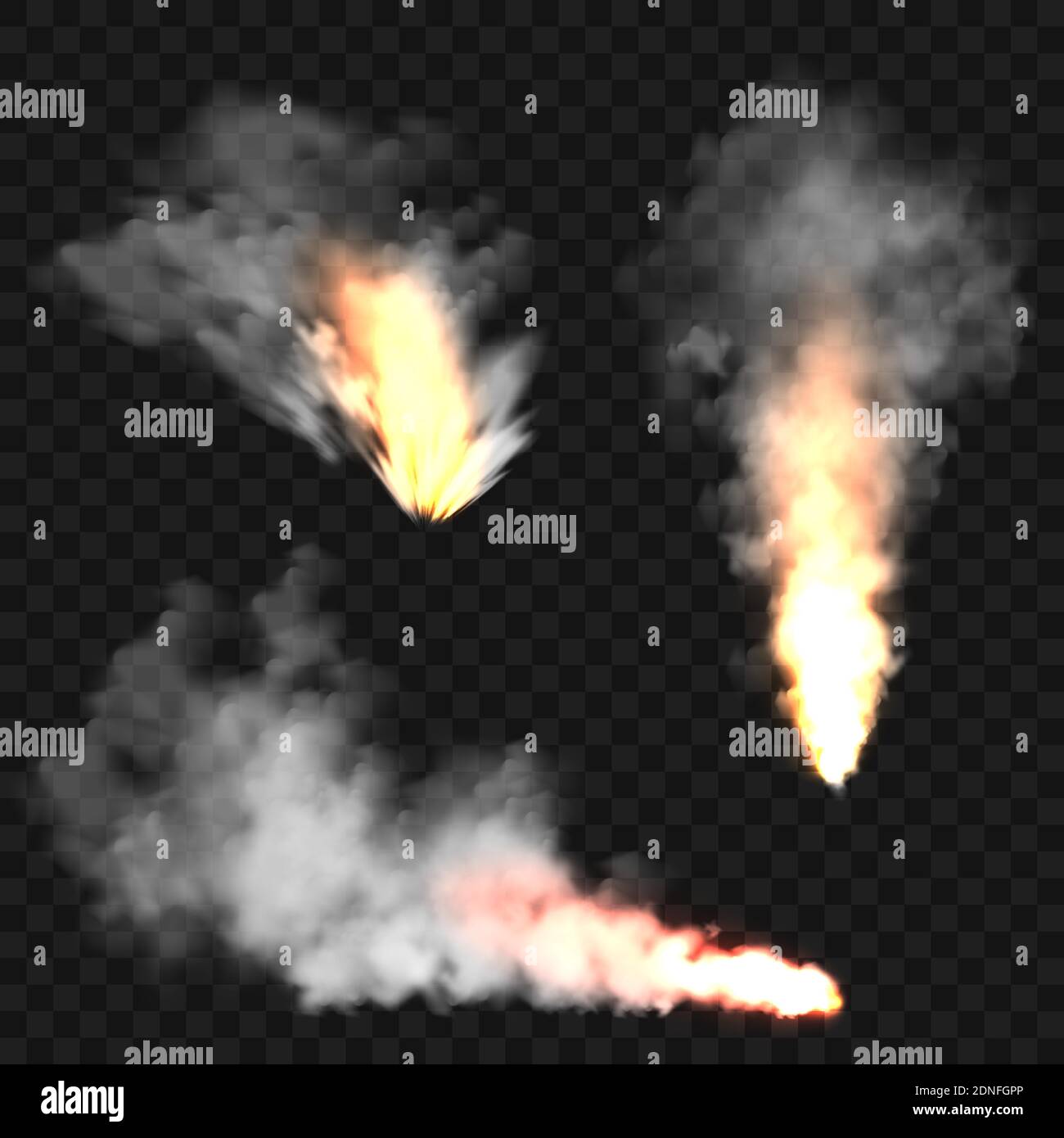 Realistic smoke clouds and fire. Flame blast, explosion. Stream of ...