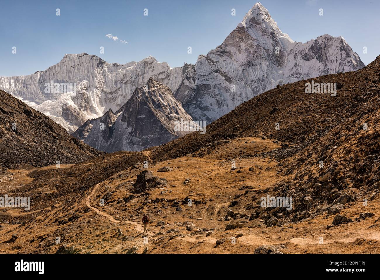 Trekker Hiking through the Mountains in Nepal Stock Photo - Alamy