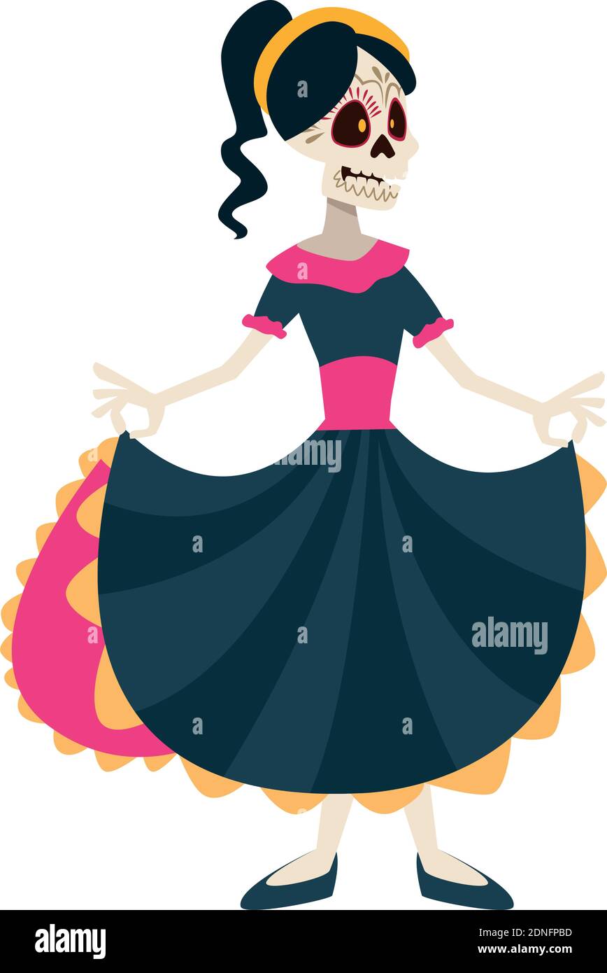 traditional mexican katrina skull with dancer suit vector illustration ...