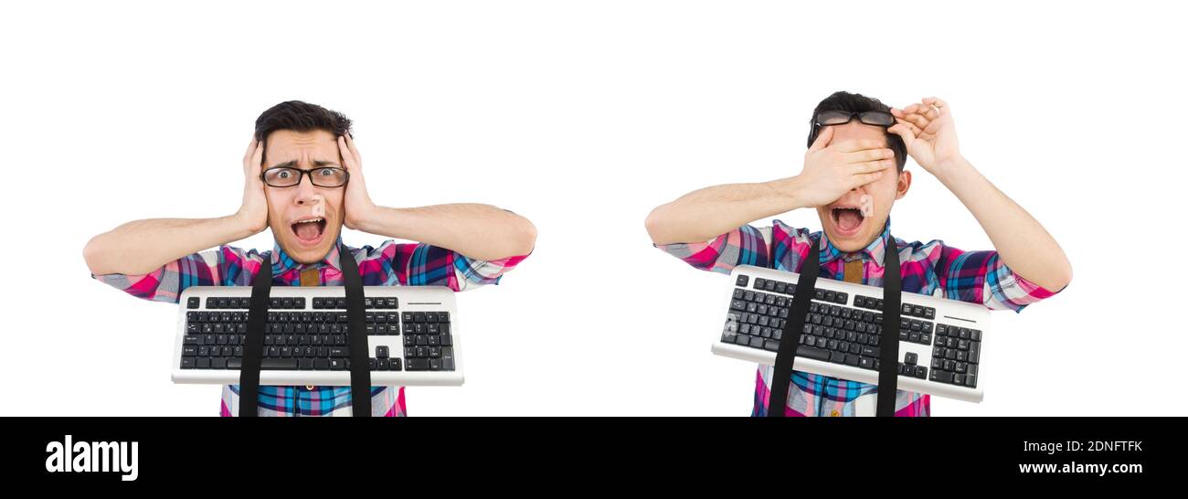 The computer nerd with keyboard isolated on white Stock Photo - Alamy