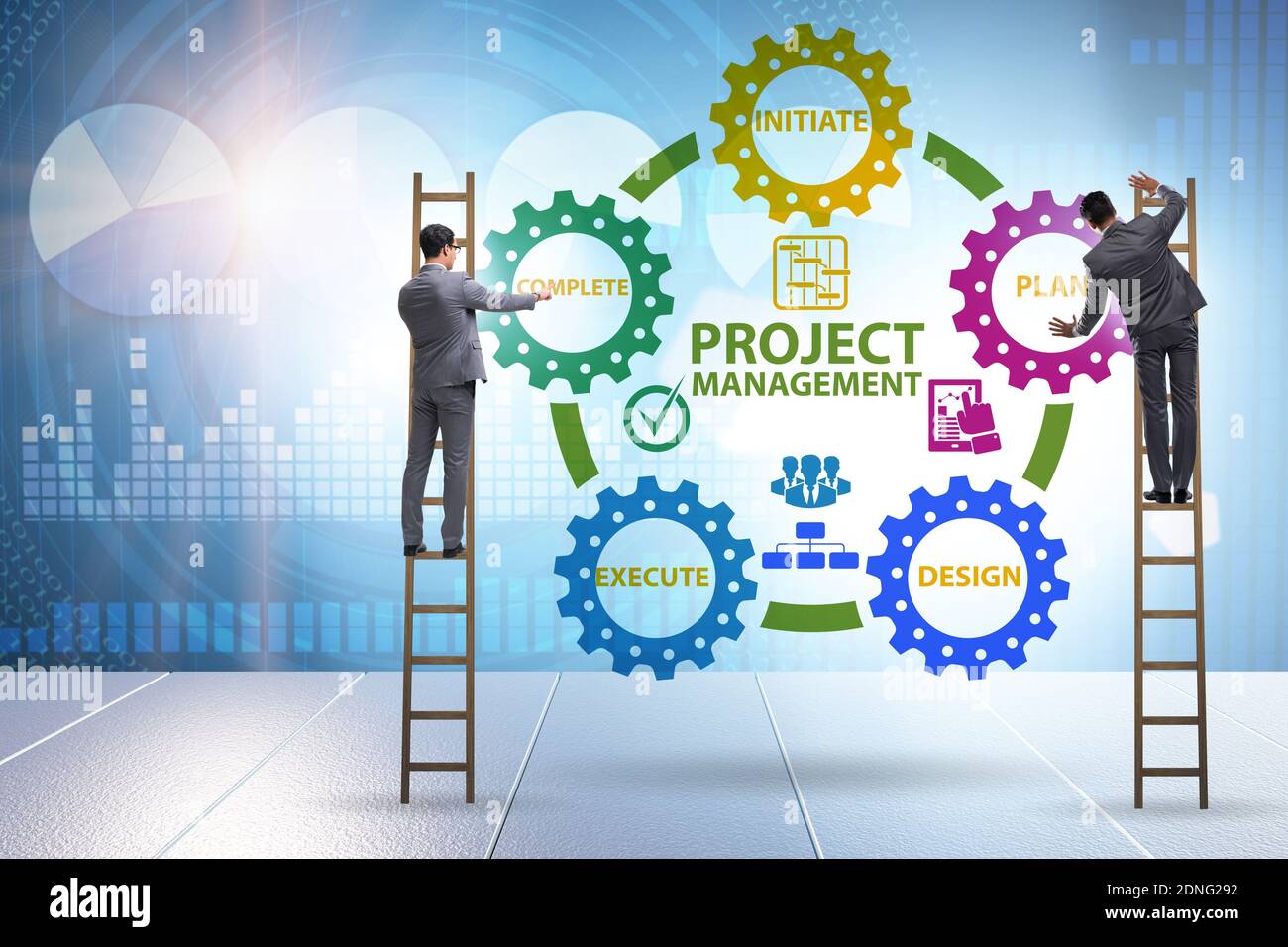 Project management concept in stages with the businessman Stock Photo ...