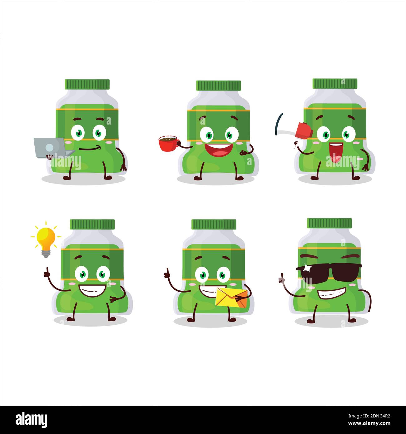 Pesto bottle cartoon character with various types of business emoticons ...