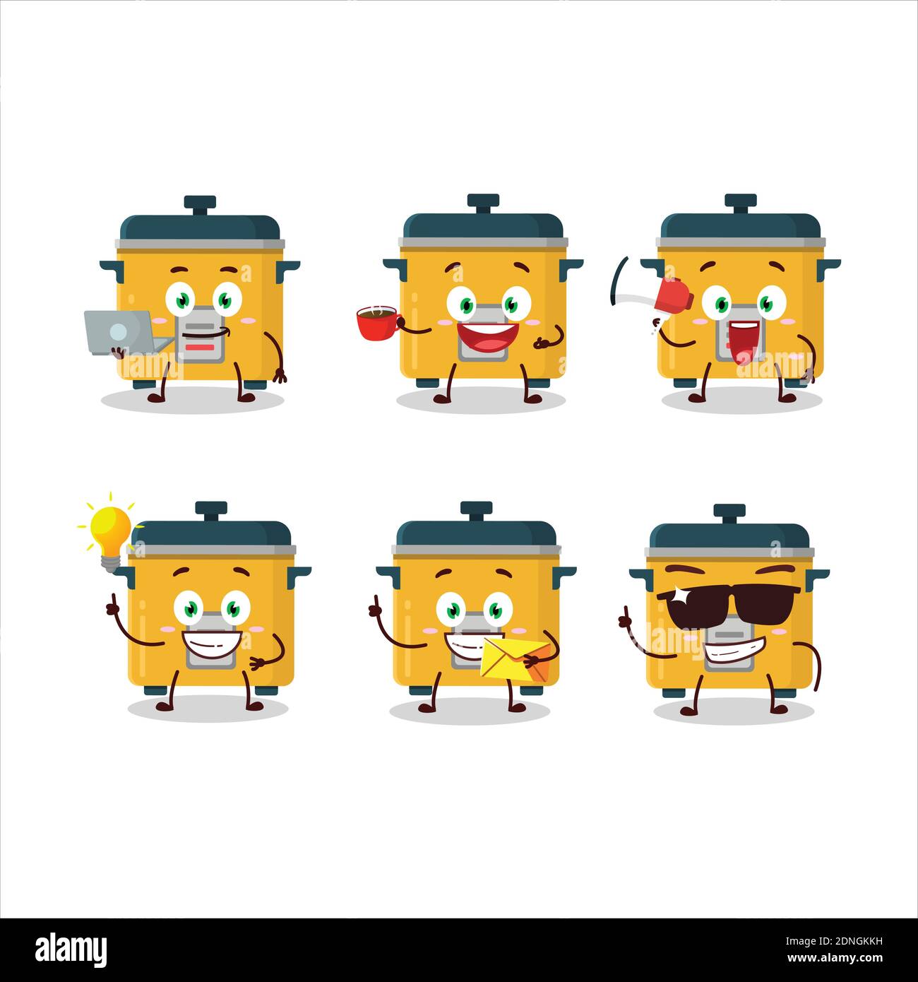 Rice cooker cartoon character with various types of business emoticons ...