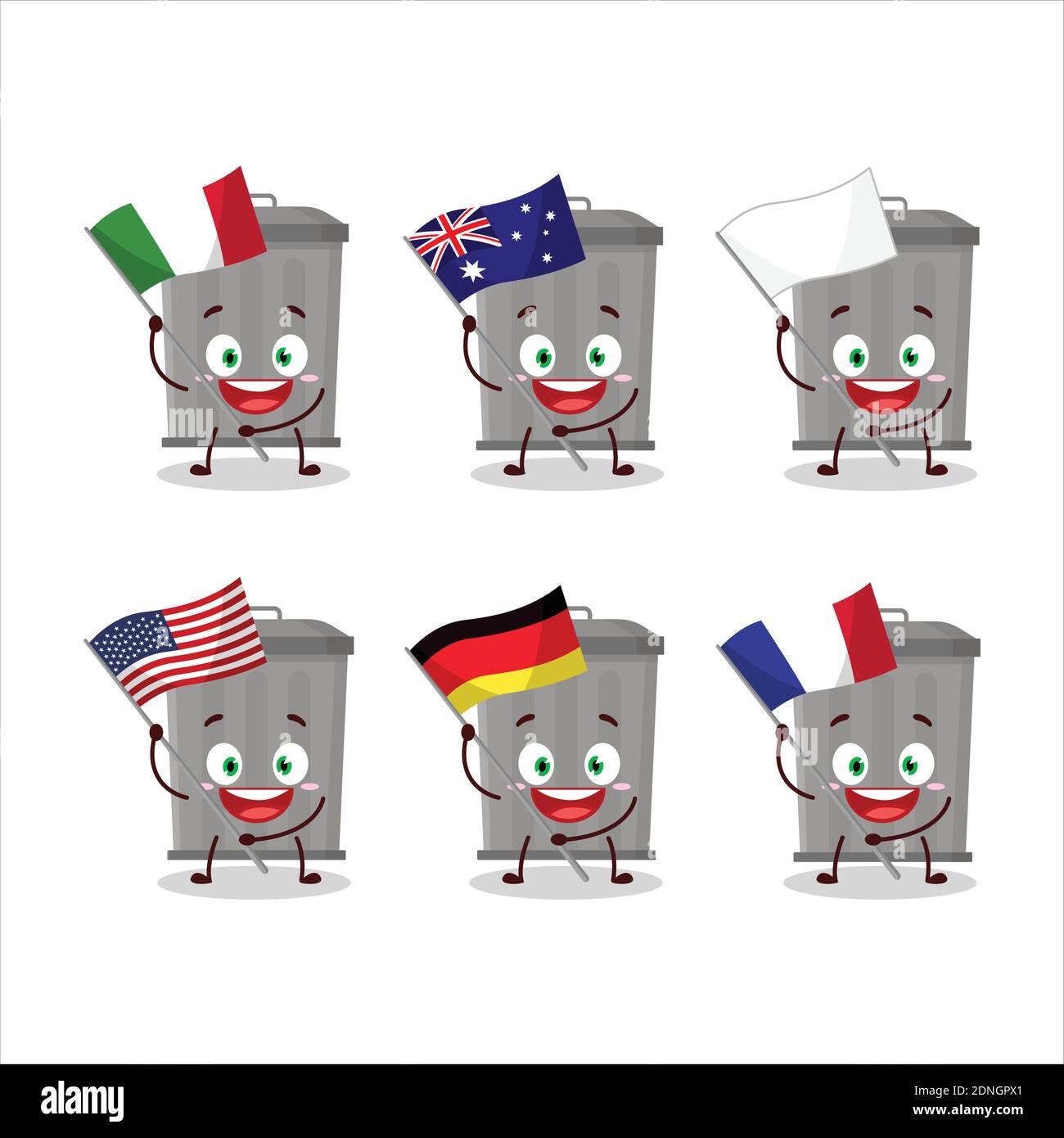 Trash can cartoon character bring the flags of various countries ...