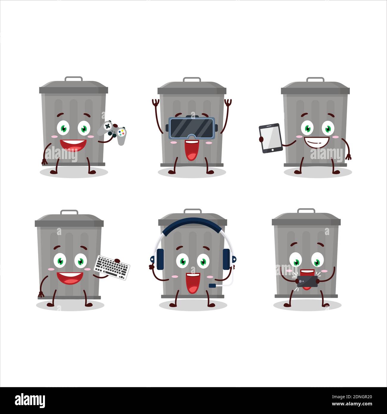 Trash can cartoon character are playing games with various cute ...