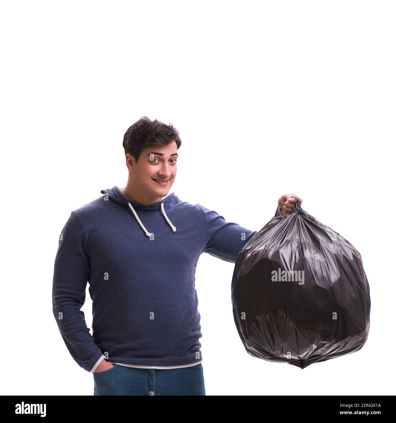 The man with garbage sack isolated on white Stock Photo - Alamy