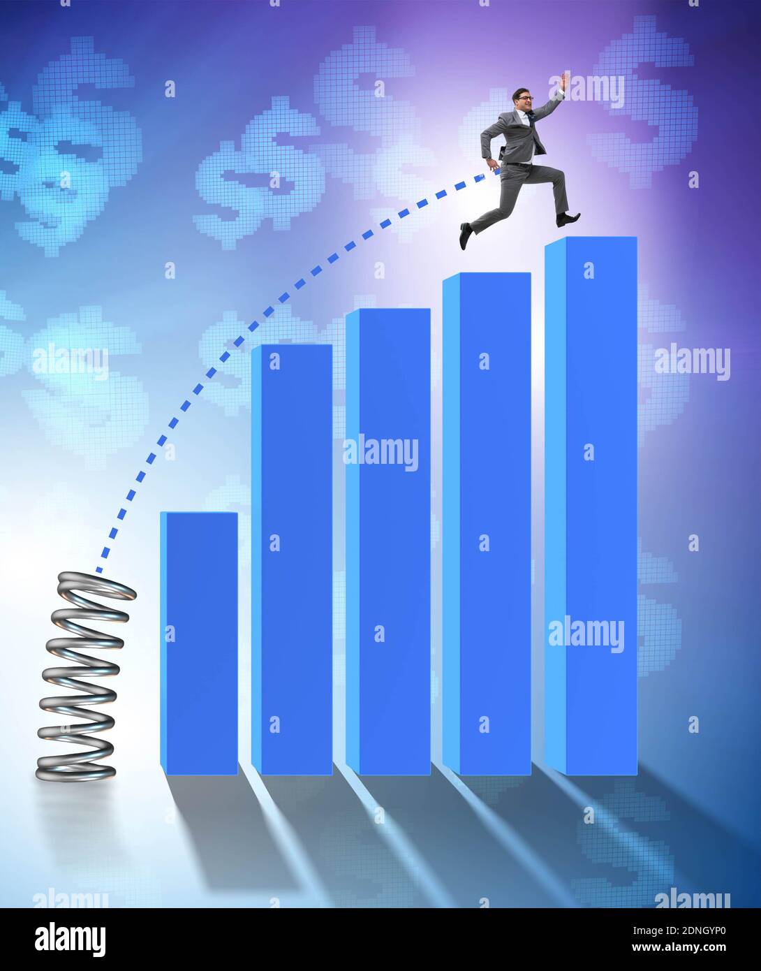 The business people jumping over bar charts Stock Photo - Alamy