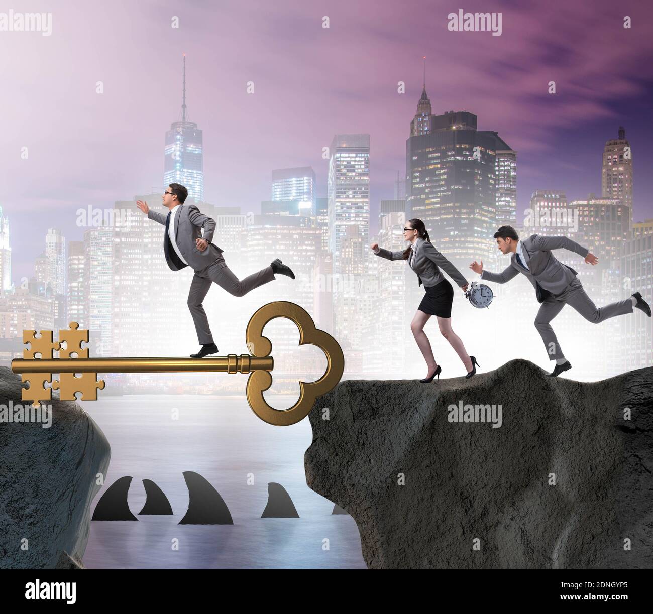 The business people chasing each other towards key to success Stock ...