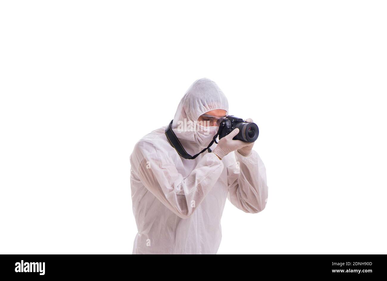 The forensic specialist in protective suit taking photos on white Stock ...
