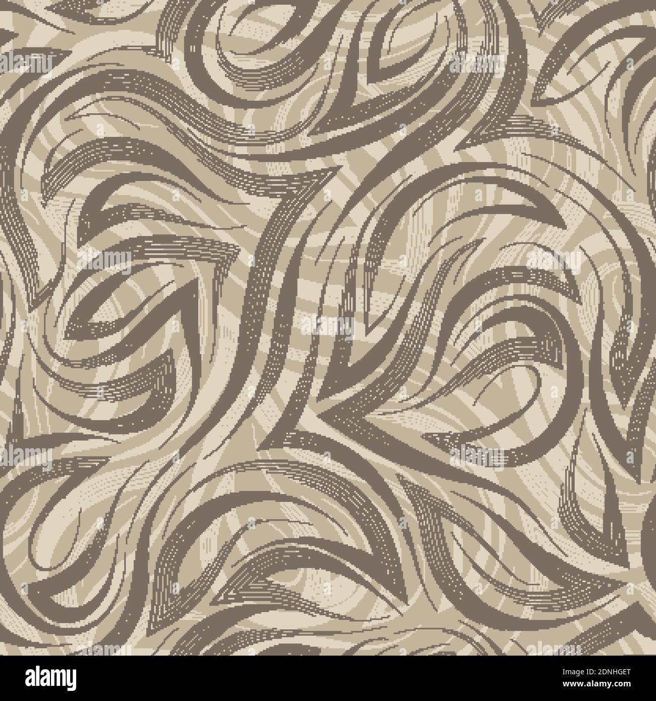 Brown smooth lines and corners vector geometric seamless pattern on beige background. Graceful ...