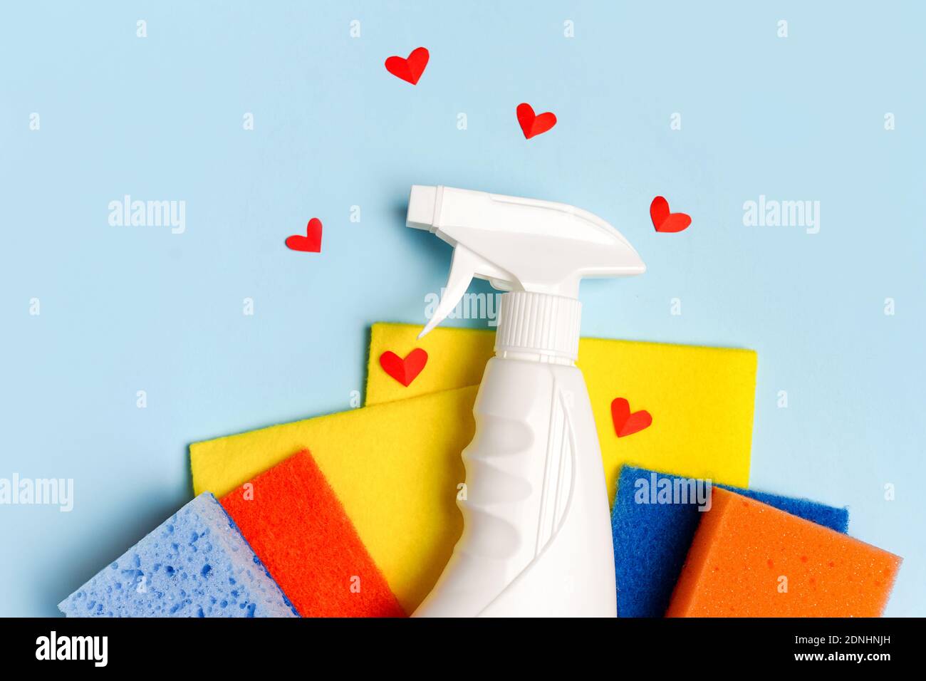 Colorful cleaning set for different surfaces in kitchen, bathroom and ...