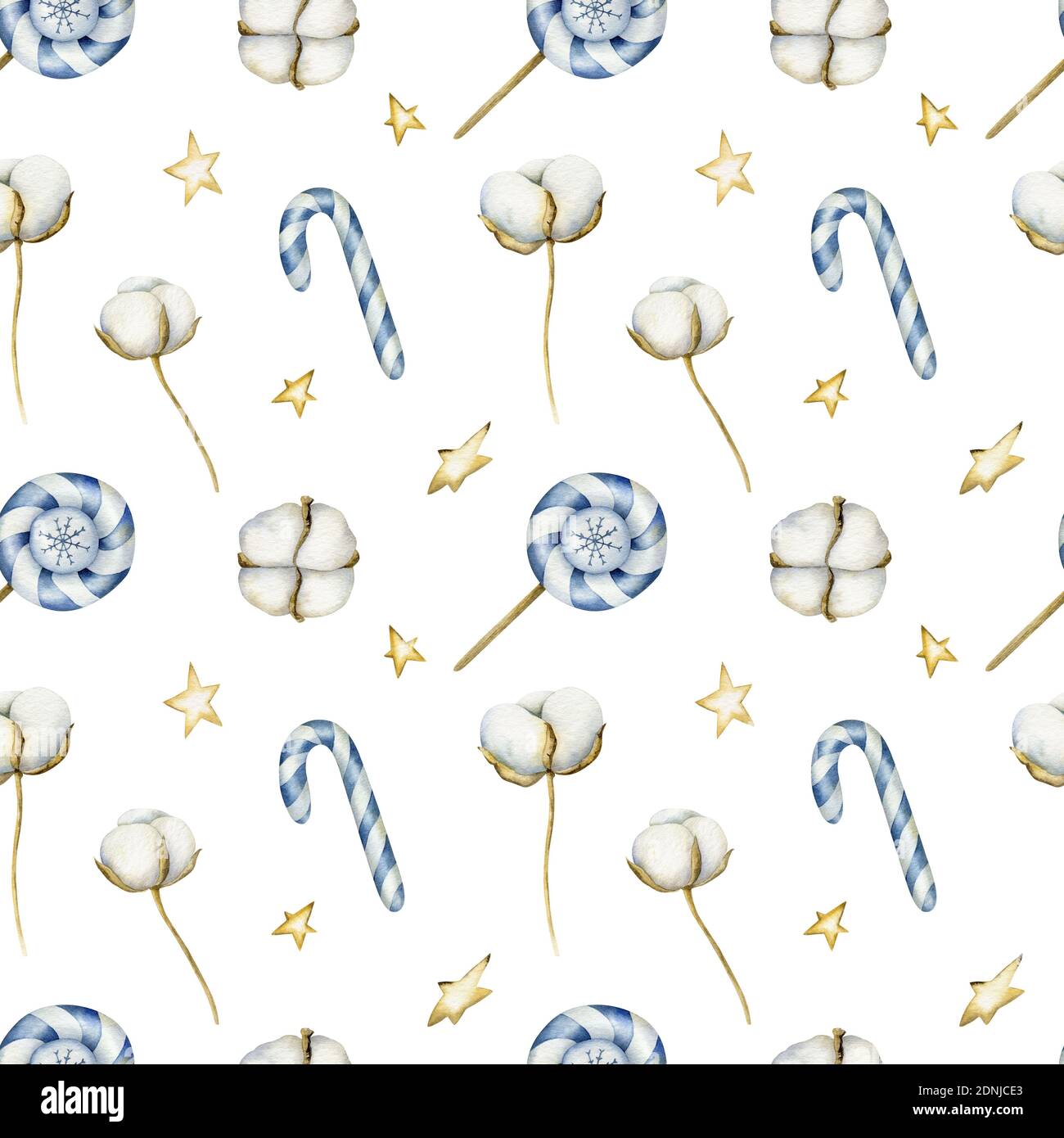 Watercolor seamless pattern with cotton, candy, and star on the light ...