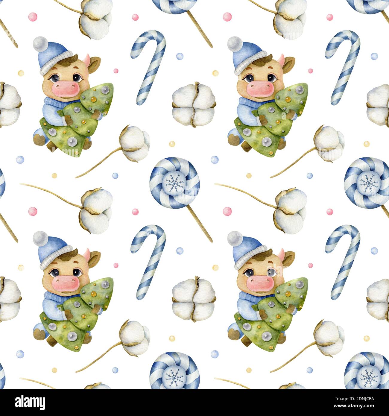 Watercolor Christmas seamless pattern with calf, cotton, and candy ...