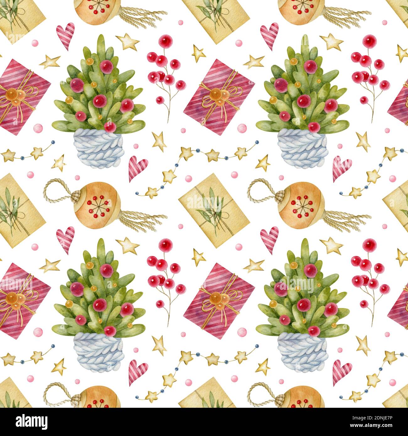 Watercolor Christmas seamless pattern with Christmas tree, ball, berry ...