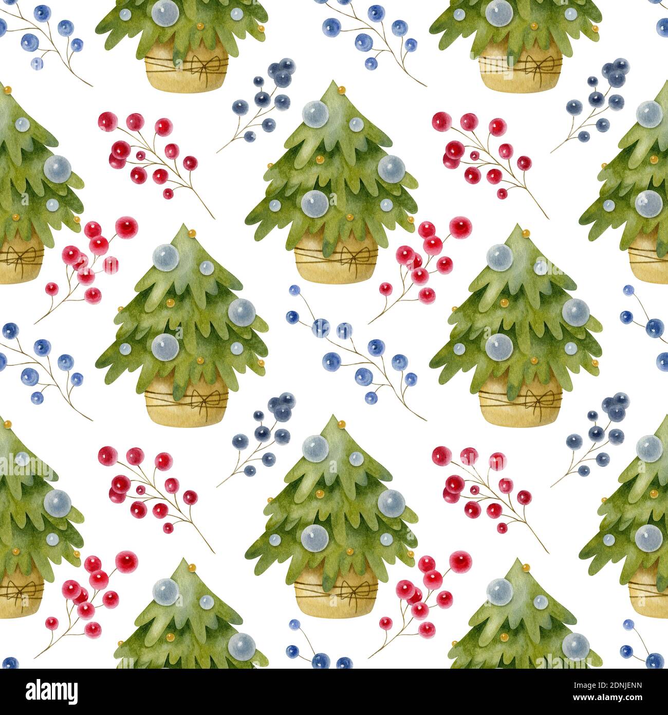 Watercolor Christmas seamless pattern with Christmas tree and berry ...