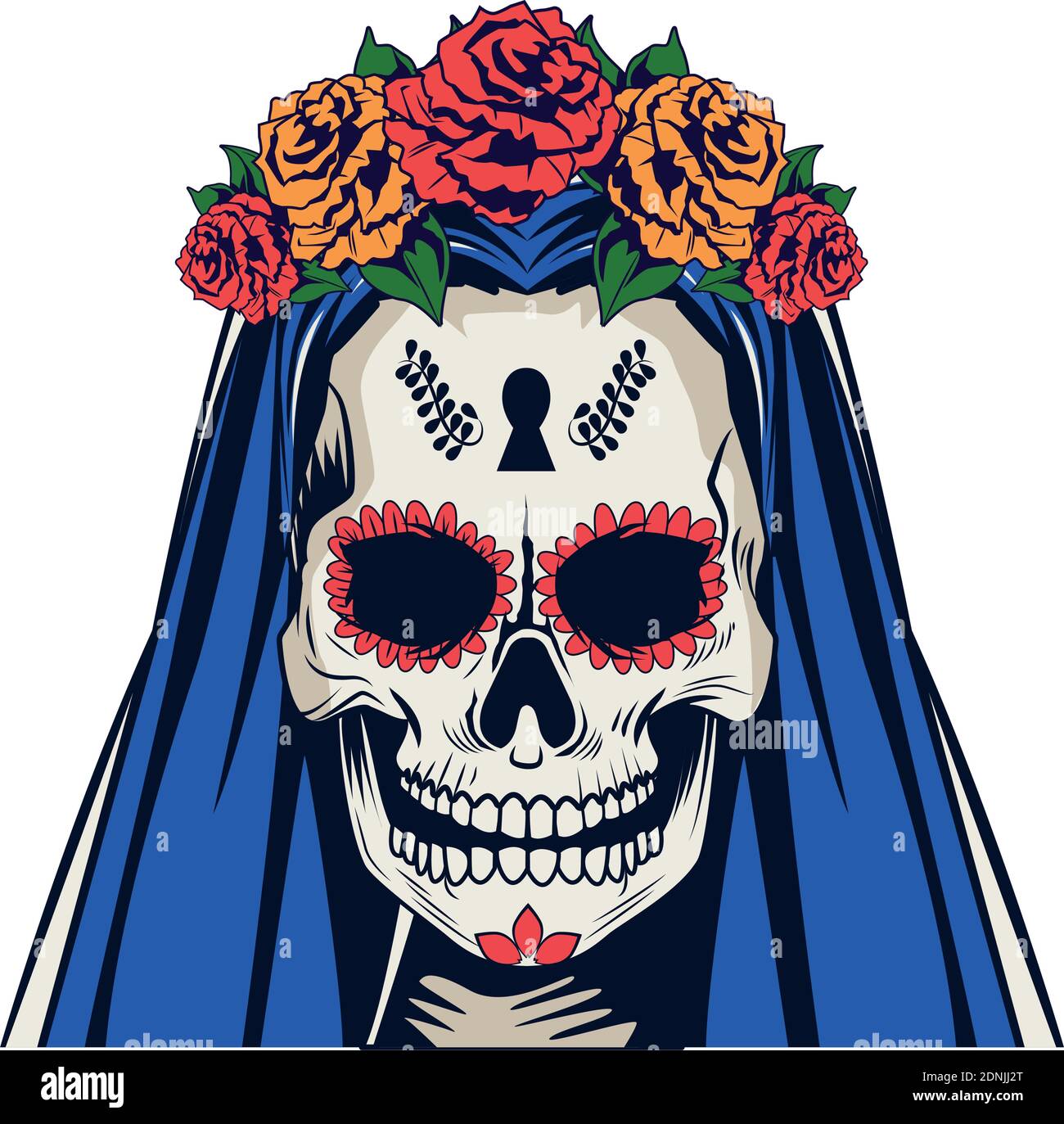 traditional mexican katrina skull with roses and blue hair head vector ...