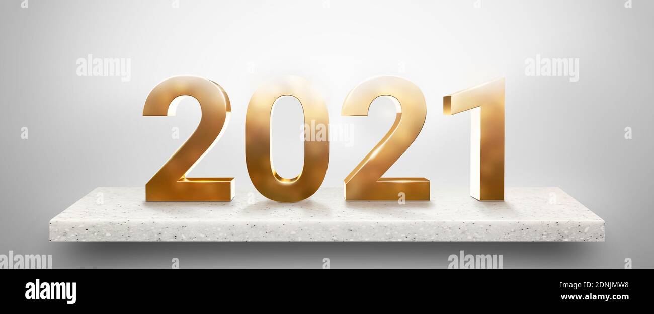Golden 2021 numbers on marble stone shelf in gradient gray banner ...