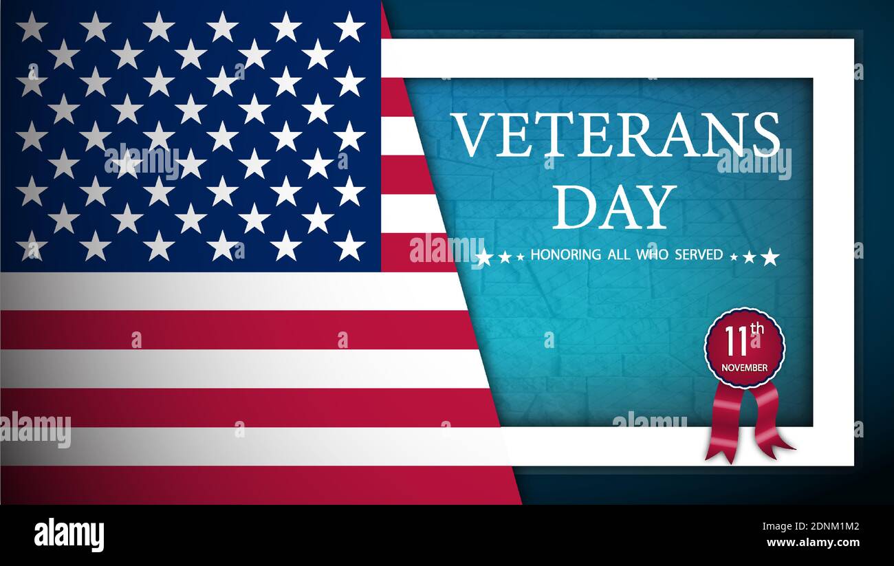 Happy veterans day web banner with American flag and memorial wall in ...